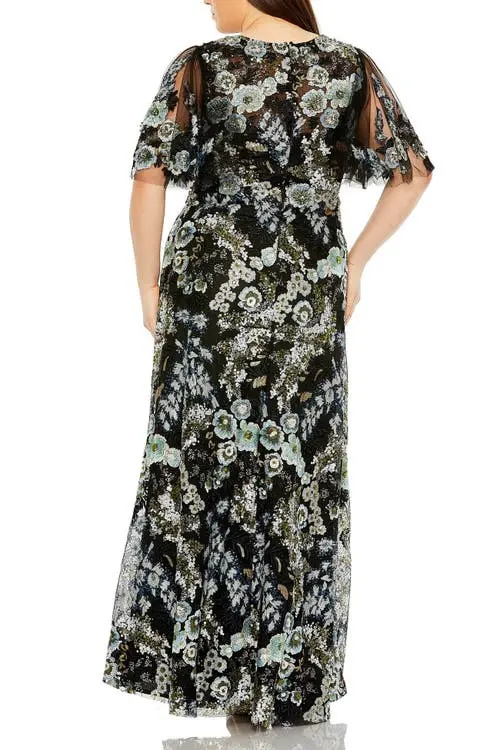 Mac Duggal Sheer Sleeve Floral Embroidered Gown