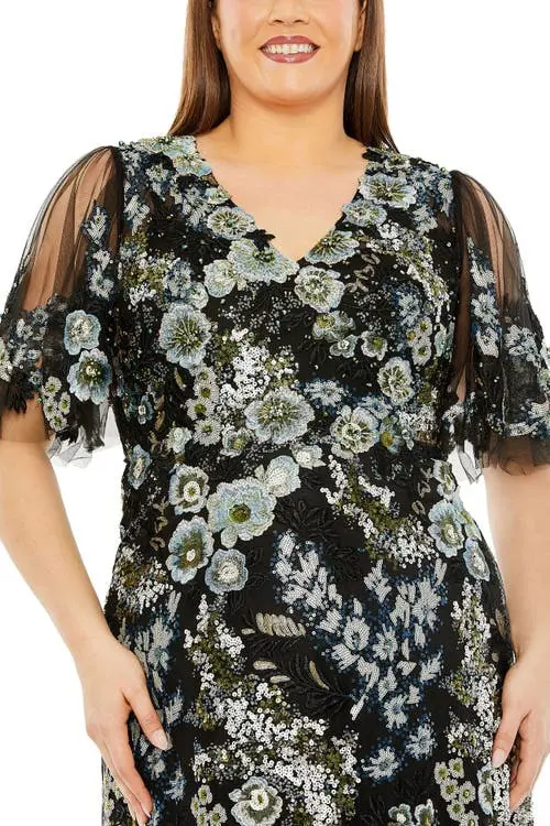 Mac Duggal Sheer Sleeve Floral Embroidered Gown