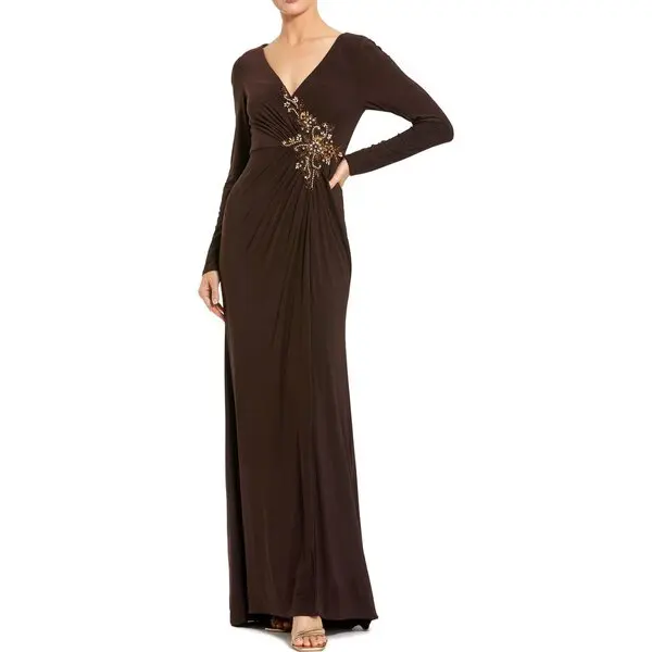Mac Duggal Appliqué Detail Faux Wrap Gown - Chocolate