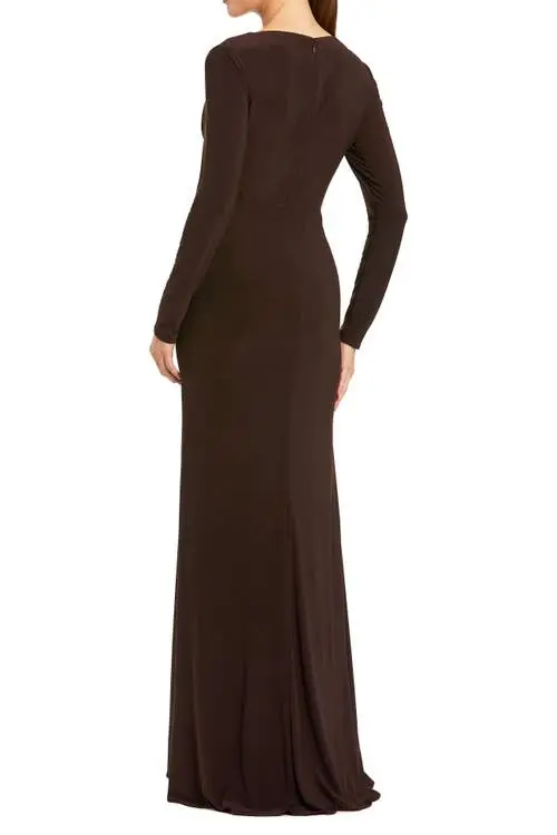 Mac Duggal Appliqué Detail Faux Wrap Gown - Chocolate
