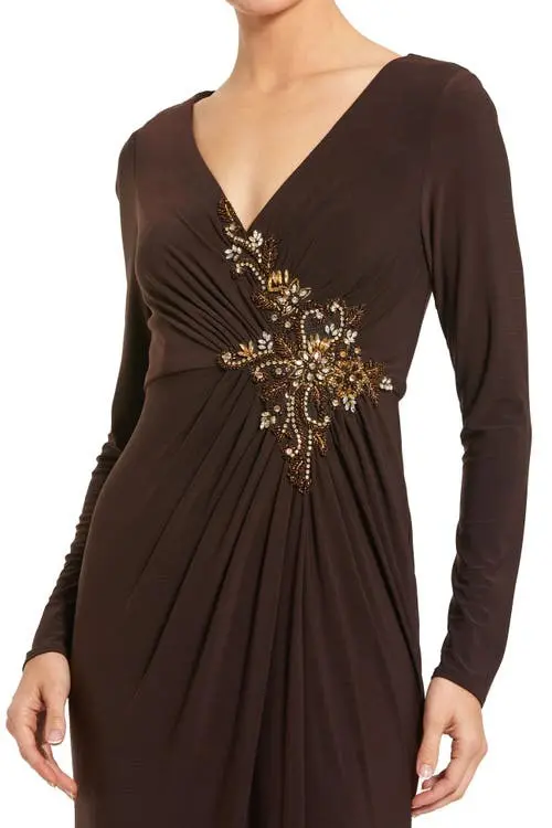 Mac Duggal Appliqué Detail Faux Wrap Gown - Chocolate