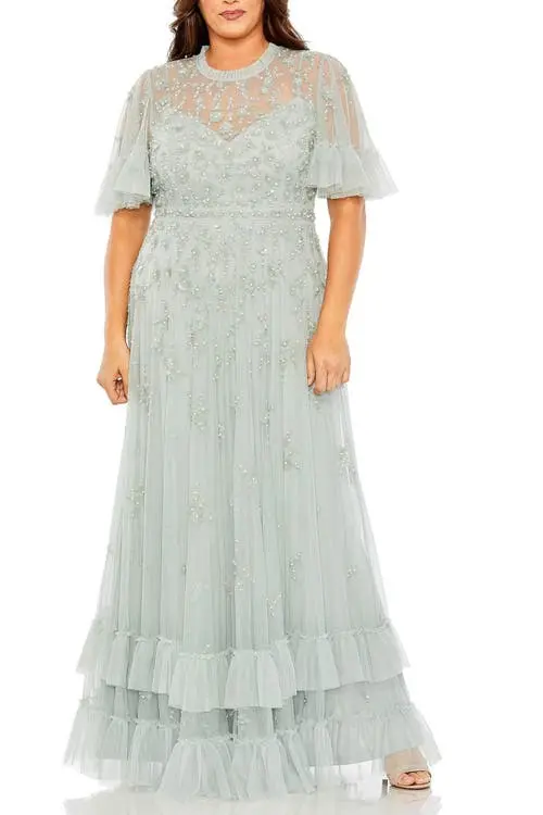 Mac Duggal Rufflered Floral Embellished Flutter Sleeve A Line - Sage