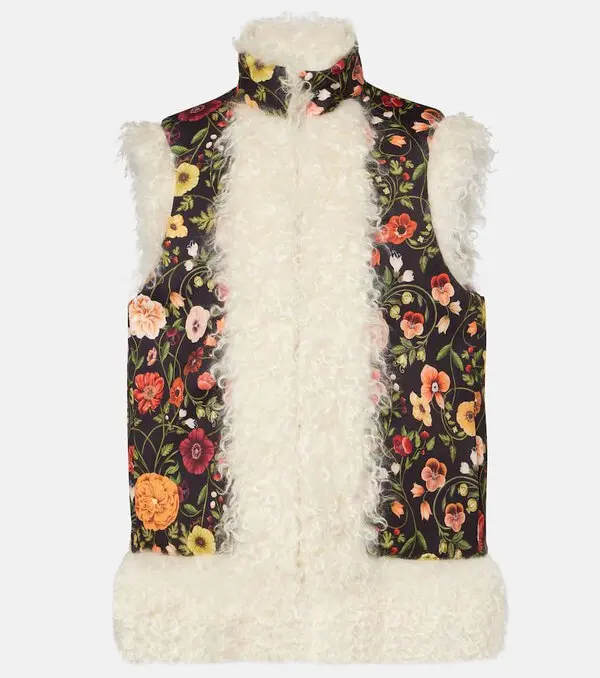 La DoubleJ Folk Floral Faux Fur-trimmed Vest - Black