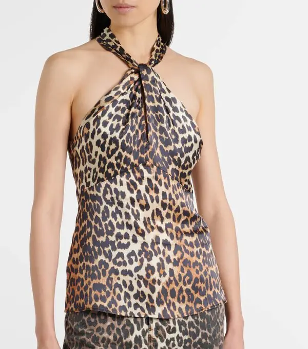 GANNI Leopard-print Halterneck Top - Brown