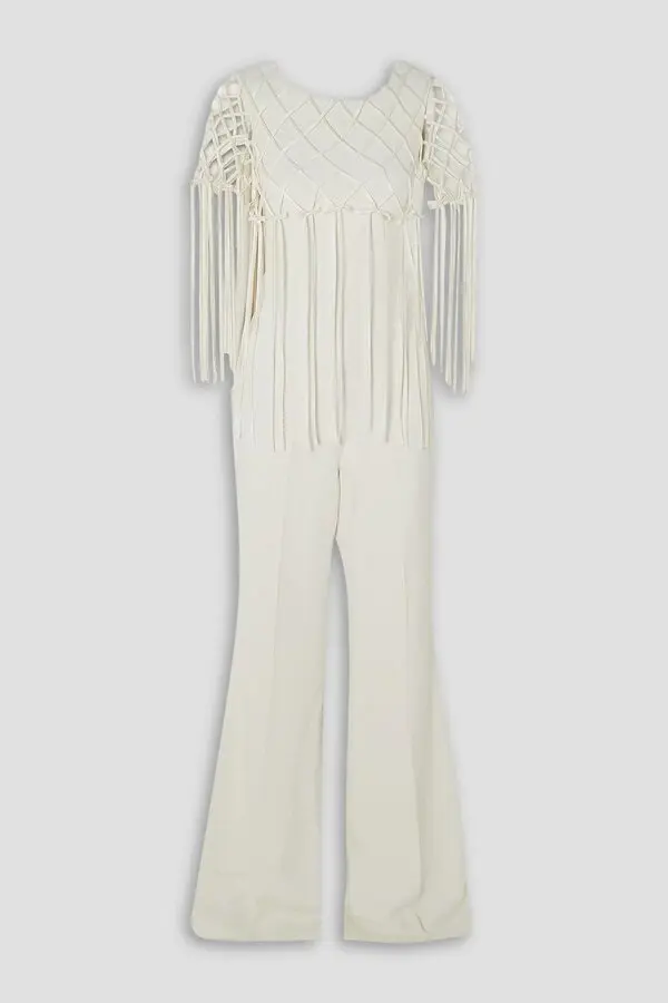 Saloni Mara Fringed Satin-trimmed Crepe Jumpsuit - Ivory