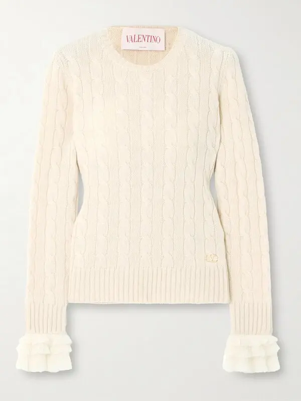 Valentino Garavani Ruffle-trimmed Cable-knit Cashmere Sweater - Ivory