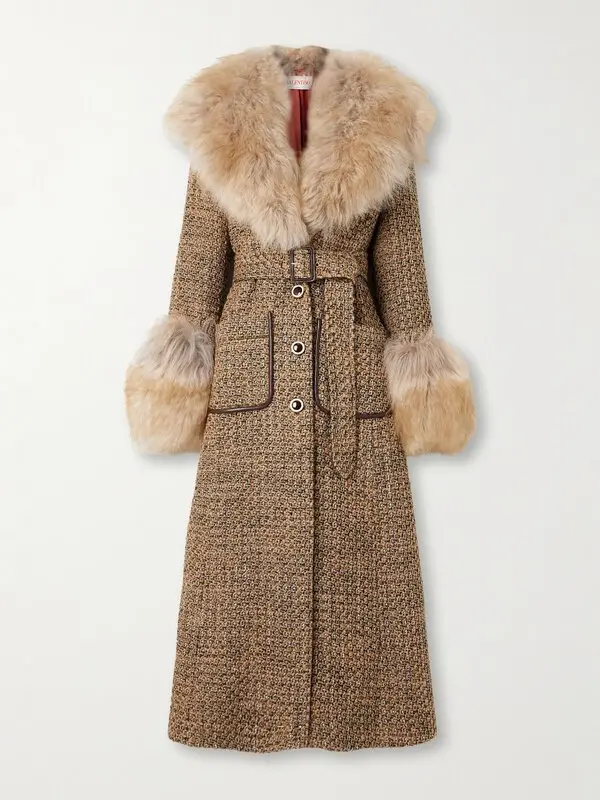 Buy Valentino Garavani Fantasy Tweed Fur Trimmed Coat - Brown At