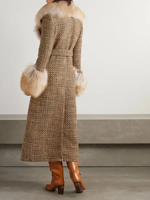 Buy Valentino Garavani Faux Fur-trimmed Belted Wool-blend Tweed