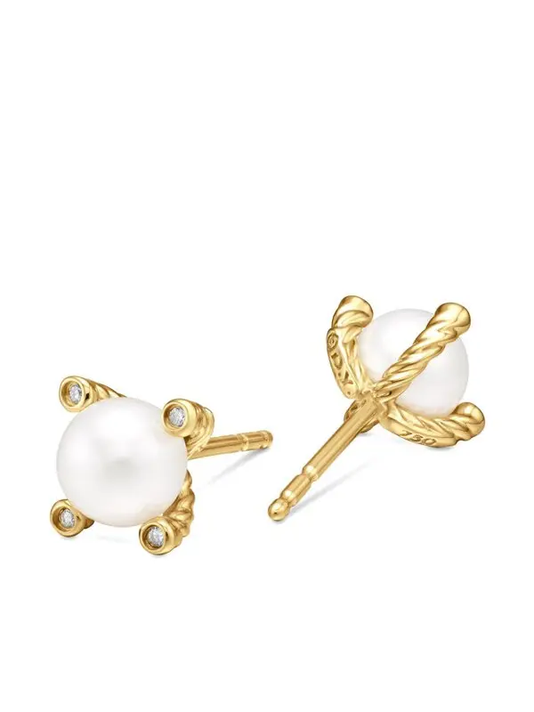 David Yurman 18k Yellow Pearl, And Diamond Stud Earrings
