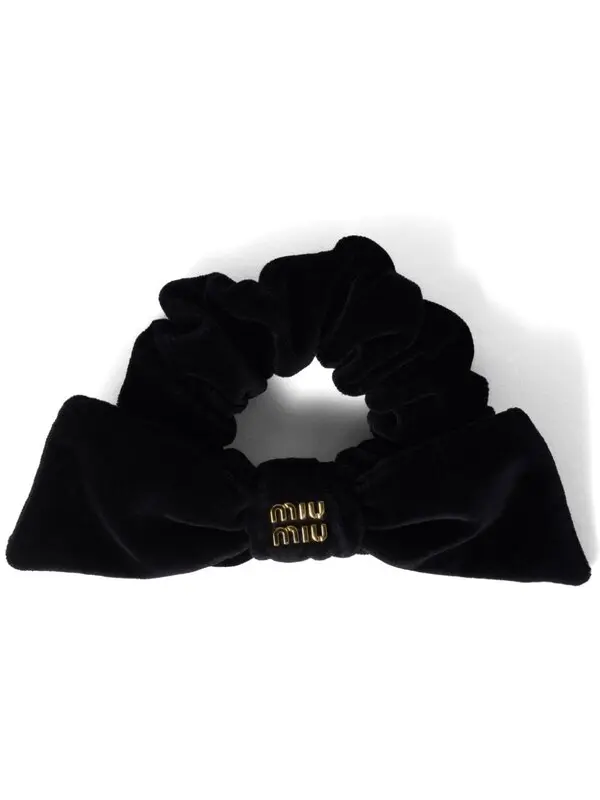 Miu Miu Velvet Scrunchie With Bow Detail And Logo - Black