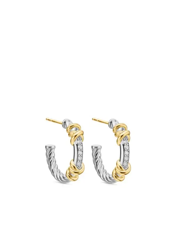 David Yurman 18k Yellow Gold And Sterling Petite Helena Wrap Diamond Hoop Earrings - Silver