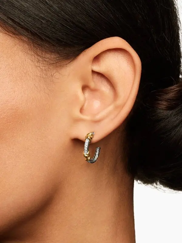 David Yurman 18k Yellow Gold And Sterling Petite Helena Wrap Diamond Hoop Earrings - Silver