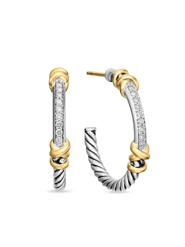David Yurman 18k Yellow Gold And Sterling Diamond Hoop Earrings - Silver