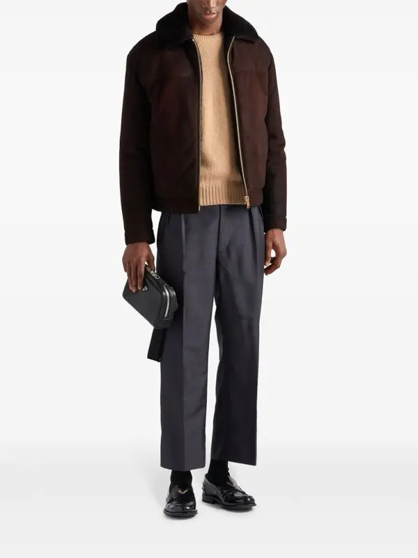 Prada Triangle-logo Leather Bomber Jacket - Brown