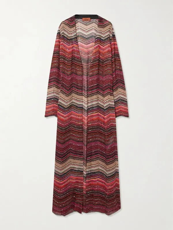 Missoni Sequined Striped Metallic Crochet-knit Cardigan - Burgundy