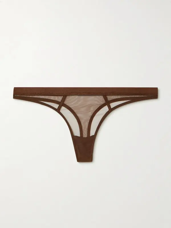 Kiki De Montparnasse Illusion Silk-blend Satin-trimmed Tulle Thong - Brown