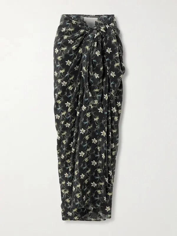 Faithfull The Brand Tayga Floral-print Silk-crepe Pareo - Black