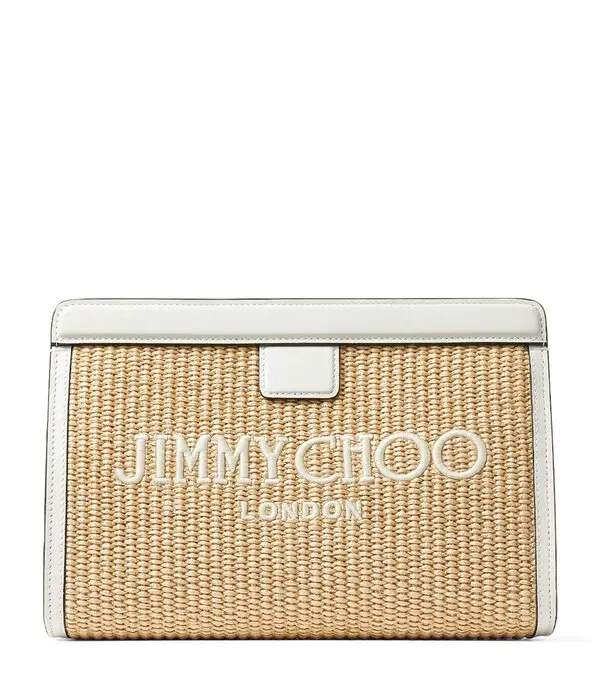 JIMMY CHOO Raffia Leather-trim Avenue Pouch - White