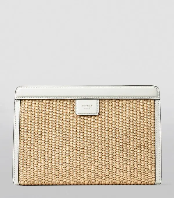 JIMMY CHOO Raffia Leather-trim Avenue Pouch - White