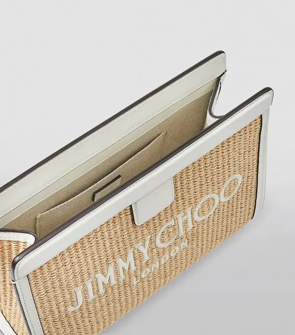 JIMMY CHOO Raffia Leather-trim Avenue Pouch - White