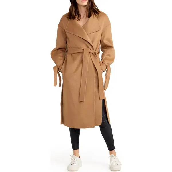 BELLE & BLOOM Collarless Belted Wool Blend Coat