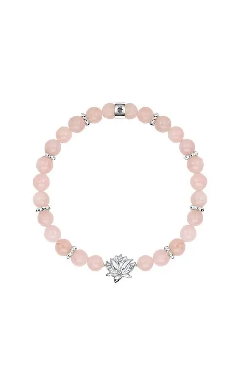 KARMA AND LUCK Rose Quartz Lotus Charm Beaded Bracelet - Pink/silver