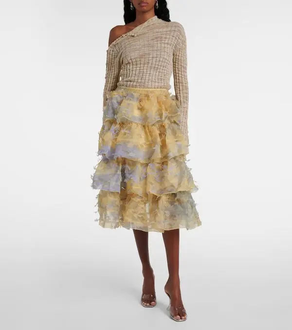SUSAN FANG Ruffled Appliqué Midi Skirt