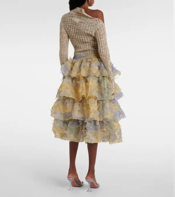 SUSAN FANG Ruffled Appliqué Midi Skirt