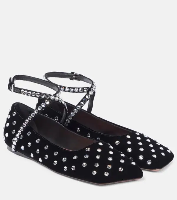 Amina Muaddi Ane Crystal Embellished Ballet Flats - Black
