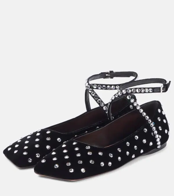 Amina Muaddi Ane Crystal Embellished Ballet Flats - Black