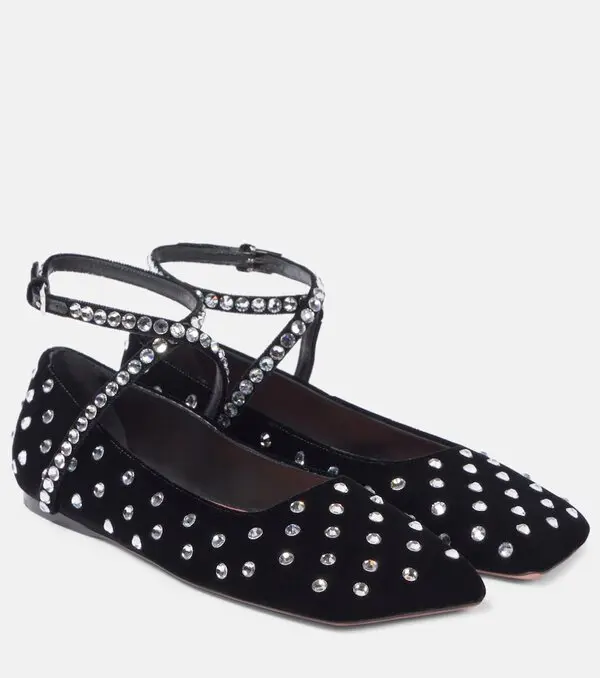 Amina Muaddi Ane Crystal Velvet Ballet Flats - Black