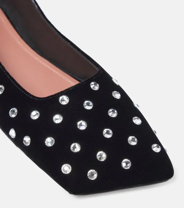 Amina Muaddi Ane Crystal Velvet Ballet Flats - Black