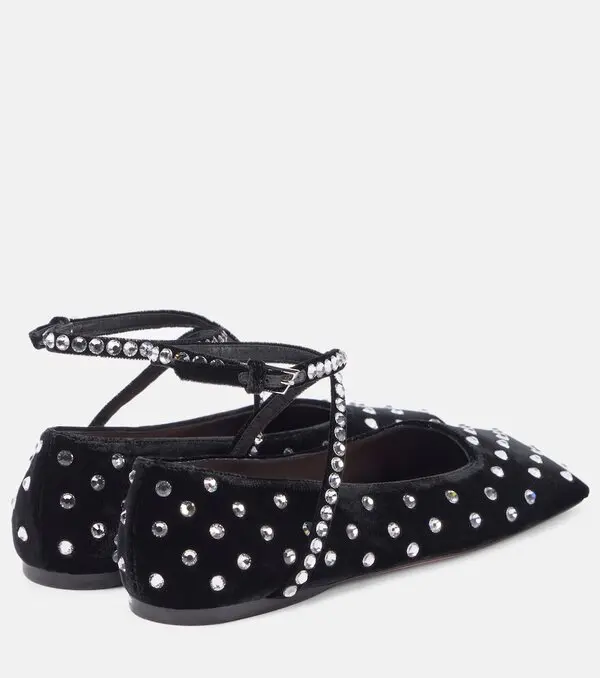 Amina Muaddi Ane Crystal Velvet Ballet Flats - Black