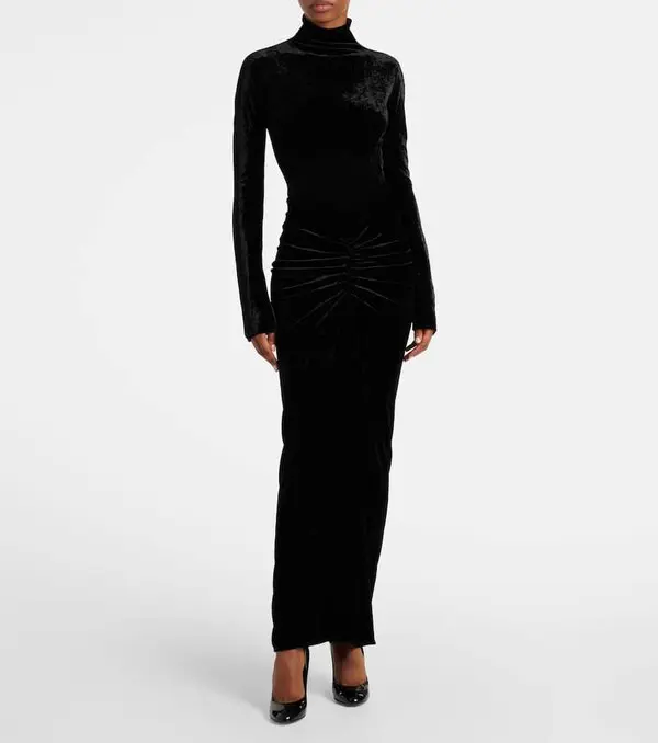 AlaA Ruched Velvet Midi Dress In Black | Editorialist