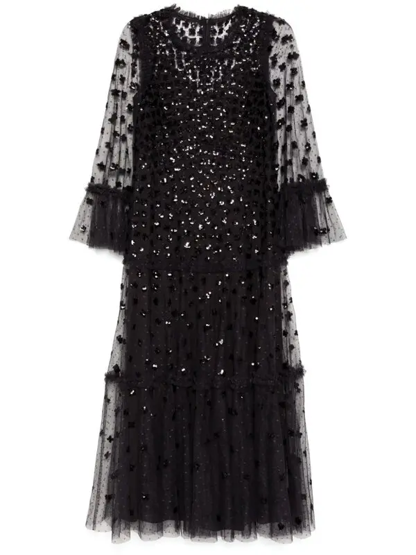 needle and thread dress black Needle & Thread Black Dusk Floral Embroidered Tulle Midi Dress UK 4