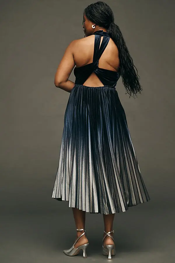 Anthropologie Pleated Halter Midi Dress In Blue - 70% Off | Editorialist
