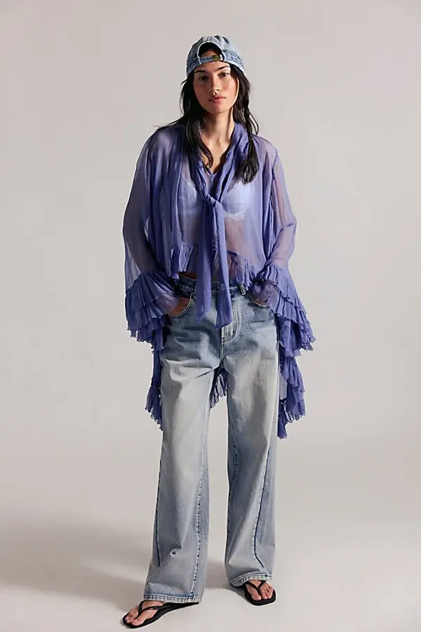 Free People Full Sleeve Frill Top - Blue Suede