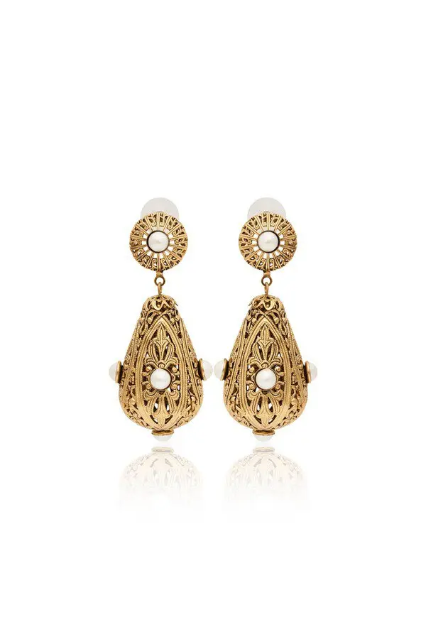 KENNETH JAY LANE Pearl Filigree Drop Clip-on Earrings - Gold