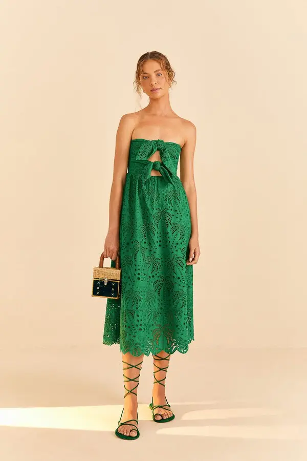 farm rio deep blue palm tree richelieu midi dress Farm Rio Palm Tree Richelieu Lace Sweetheart Midi Dress In Blue