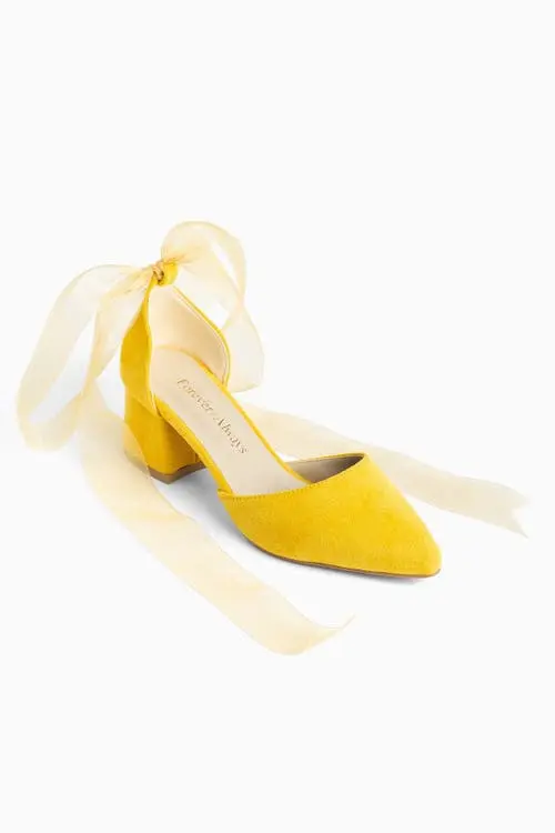 FOREVER & ALWAYS SHOES Fiona Low Block Heels With Ribbon Detailing - Yellow Suede