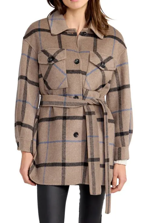 BELLE & BLOOM Belted Wool Blend Windowpane Check Shirt Jacket