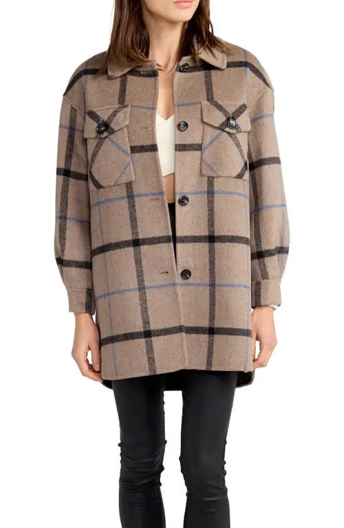 BELLE & BLOOM Belted Wool Blend Windowpane Check Shirt Jacket