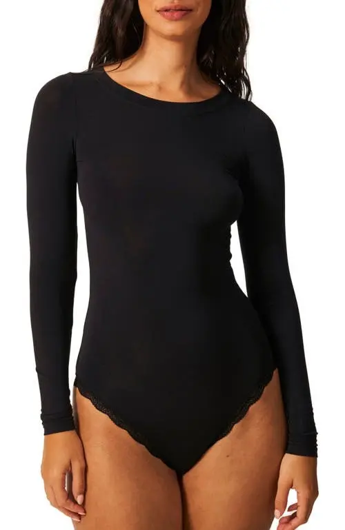 STRIPE & STARE Long Sleeve Bodysuit With Lace Trim - Black