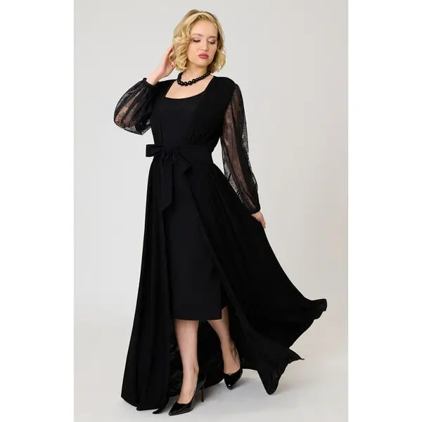Unique Vintage Billow Long Sleeved Hollywood Duster - Black Solid