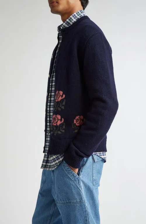 Buy NOAH Floral Shetland Wool Cardigan - Navy At 60% Off