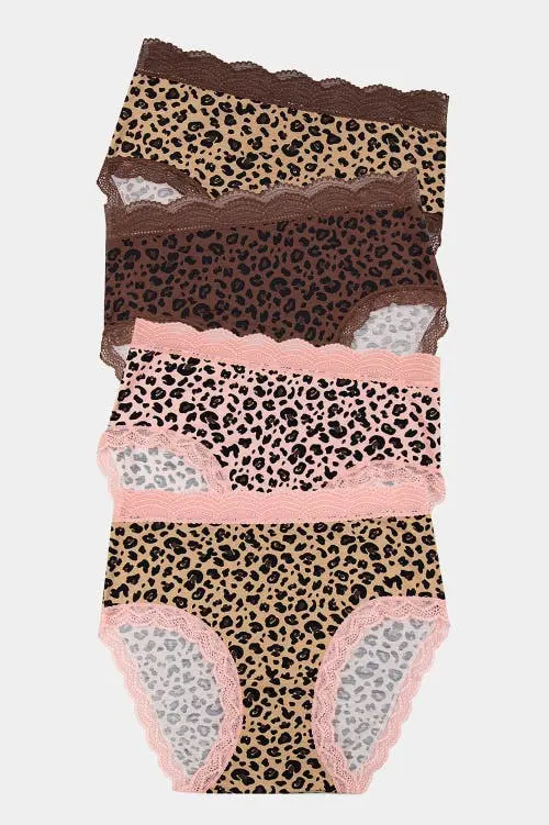 STRIPE & STARE High Rise Knicker Four Pack - Peach Latte Leopards