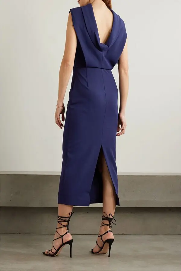 Roland Mouret Draped Cady Midi Dress In Navy 75% Off Editorialist