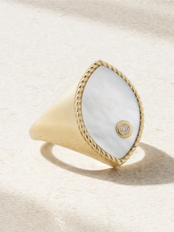 Yvonne Léon Chevalière Marquise 9-karat Gold, Mother-of-pearl And Diamond Signet Ring - White