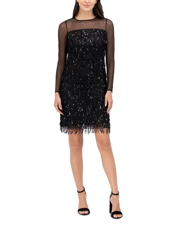 Eliza J Illusion Sequin Fringe Shift Dress