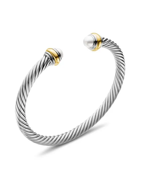 David Yurman 14kt Yellow Gold And Sterling Pearl Cable Bracelet - Silver